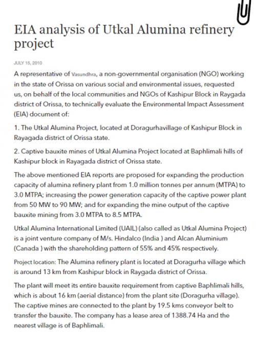 EIA analysis of Utkal Alumina refinery project