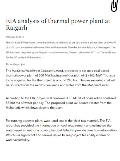 EIA analysis of thermal power plant at Raigarh