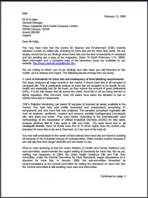 CSE letter to NDDB